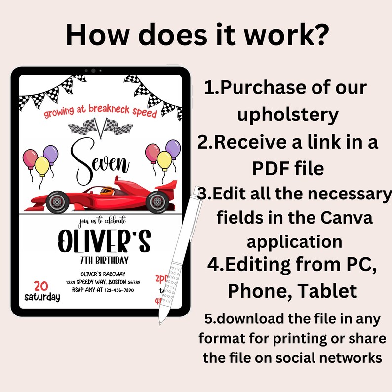 Editable Race Car 7th Birthday Invitation, Growing at Breackneck Speed ...