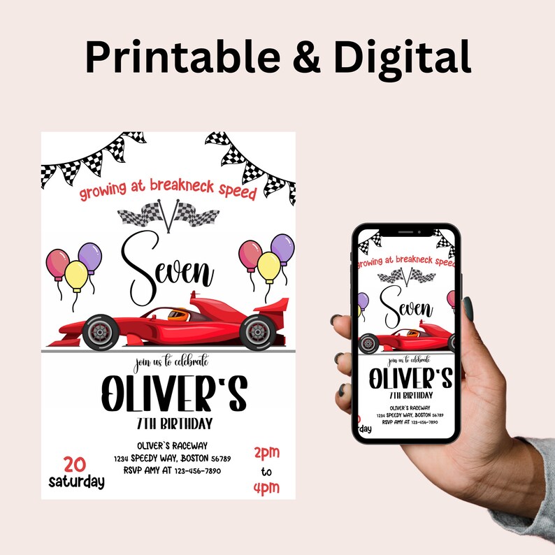 Editable Race Car 7th Birthday Invitation, Growing at Breackneck Speed ...