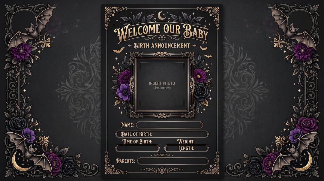 Gothic Baby Announcement Template | Dark Floral & Gold Typography ...