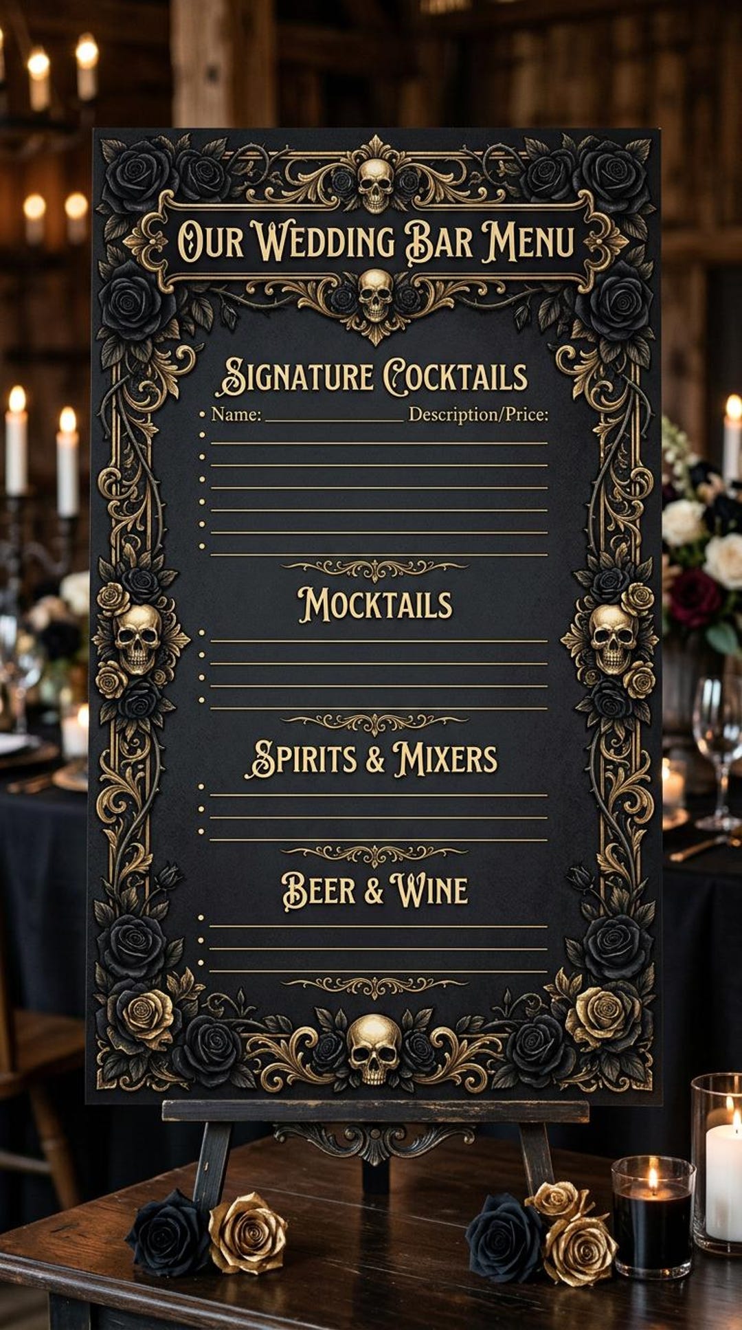 Gothic Wedding Bar Sign, Dark Victorian Decor, Skull & Black Rose ...