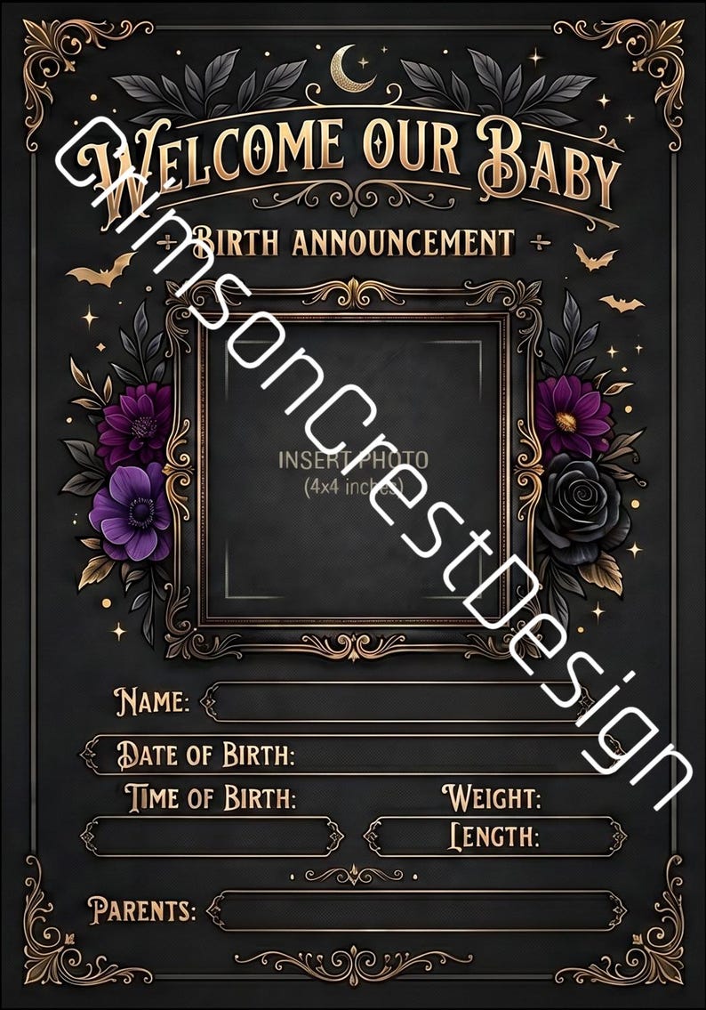 Gothic Baby Announcement Template | Dark Floral & Gold Typography ...