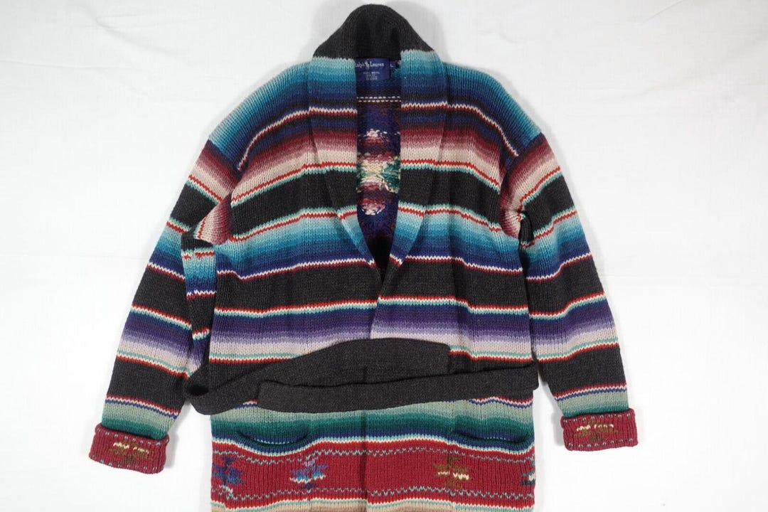 Polo Ralph Lauren Cardigan Sweater Aztec Indian Serape Belted Wool ...