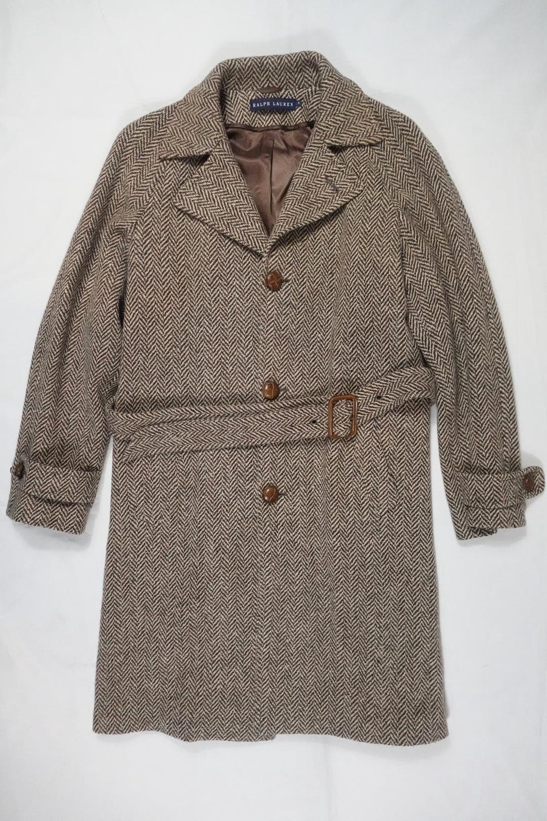 Ral[h Lauren Blue Label Coat Jacket Belted Herringbone Tweed Wool Brown ...