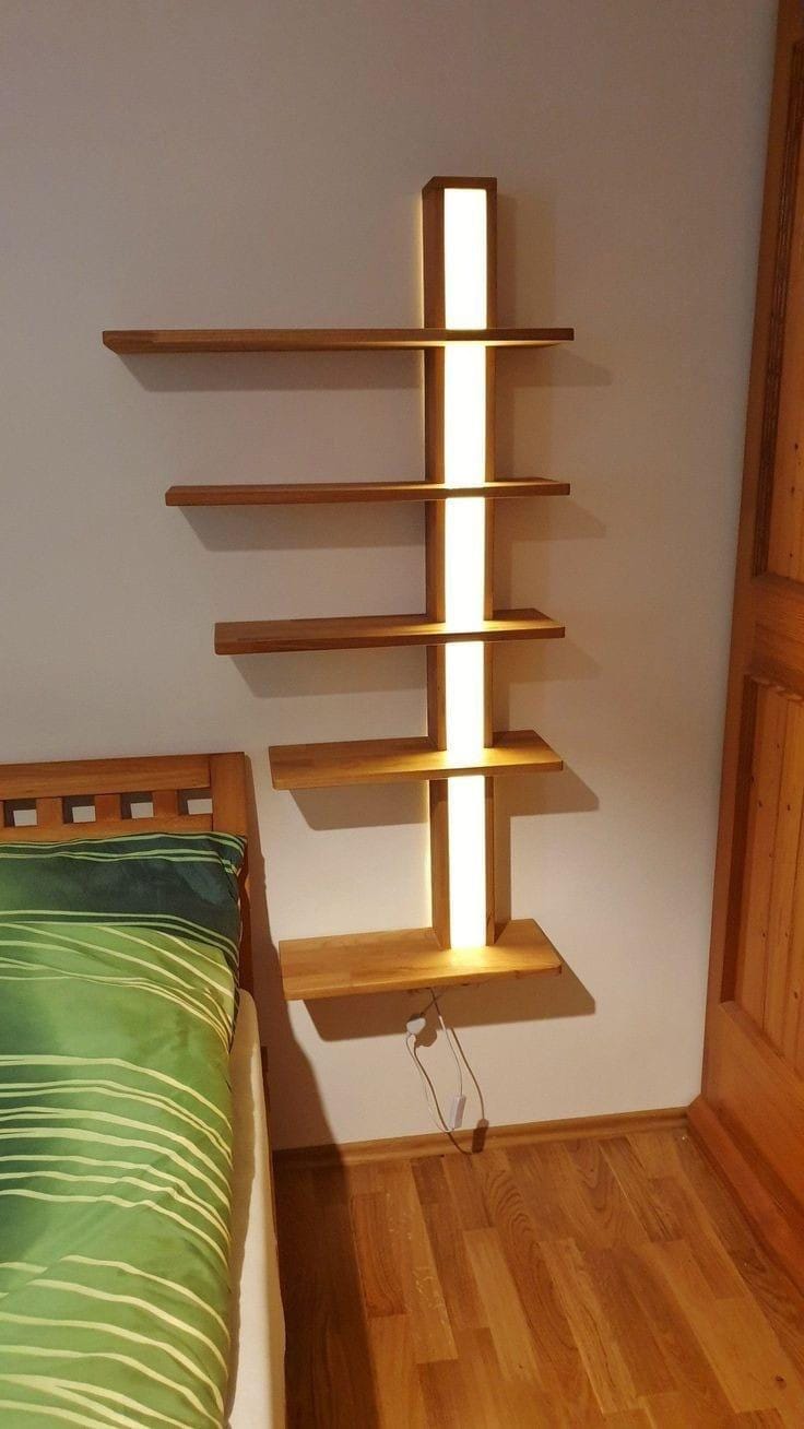 Wooden Floating Wall Shelf With LED Light, Five Tier Modern Display ...