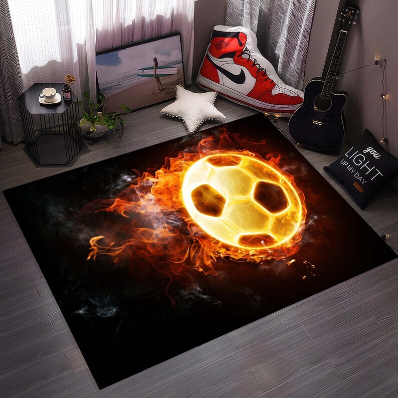 Flaming Soccer Ball Rug Football Carpet, Soccer Rug, Football Ball Rug ...
