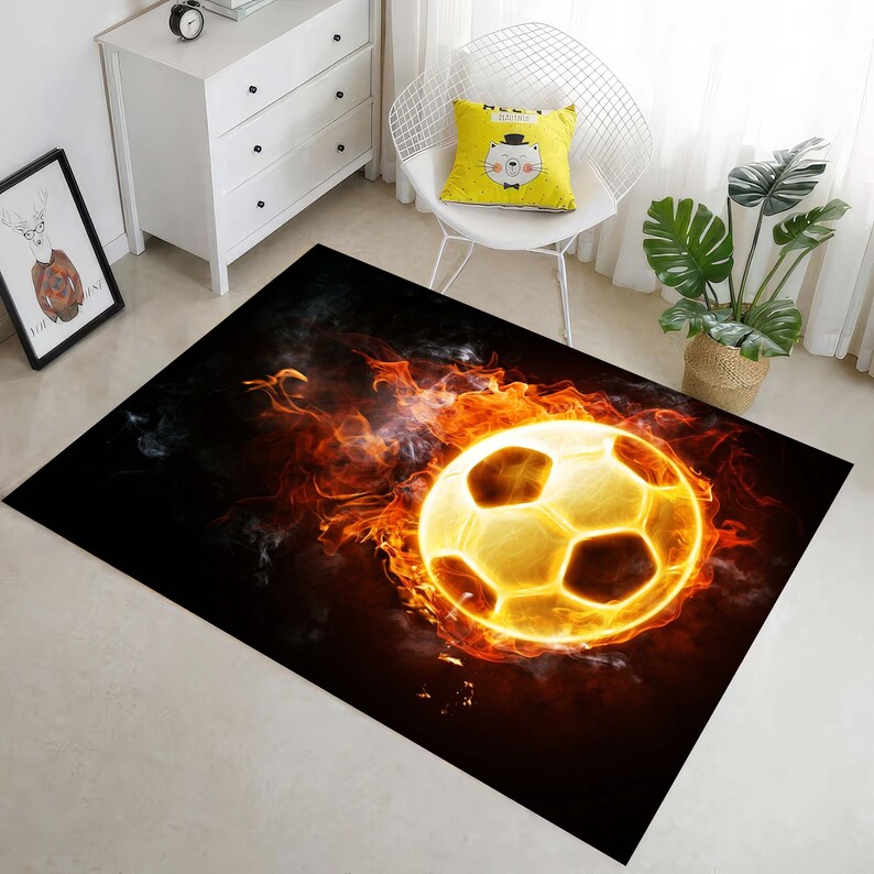 Flaming Soccer Ball Rug Football Carpet, Soccer Rug, Football Ball Rug ...