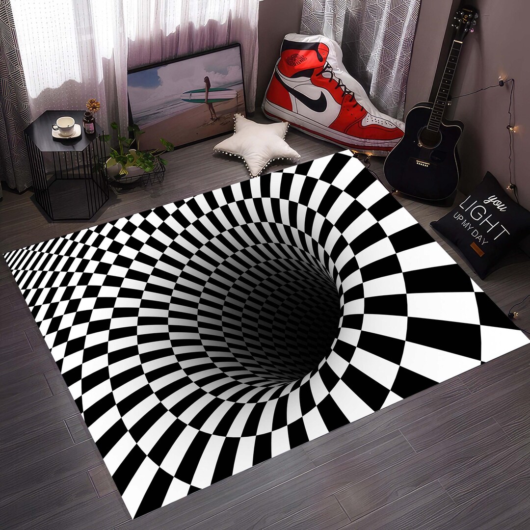 Optical Illusion Rug, 3D Tunnel Carpet, Black White Checkered, Abstract ...