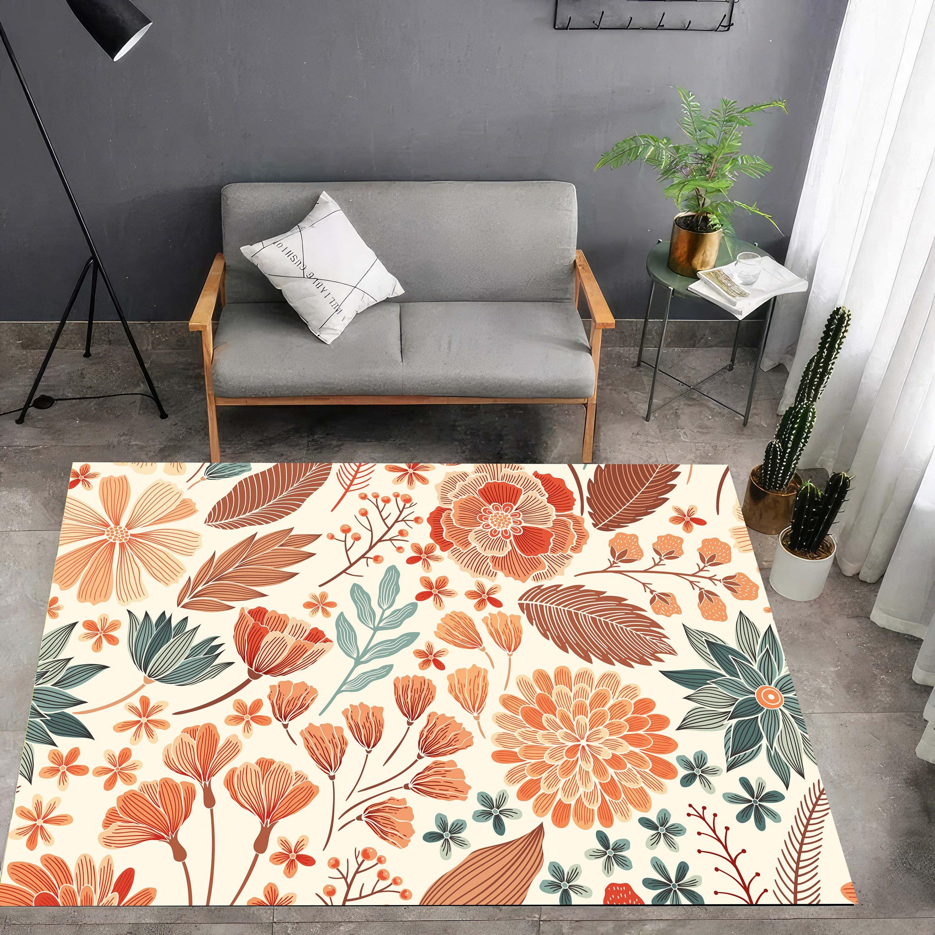 Leaf Print Rug Floral Area Living Room Carpet, Farmhouse Decor, Boho ...
