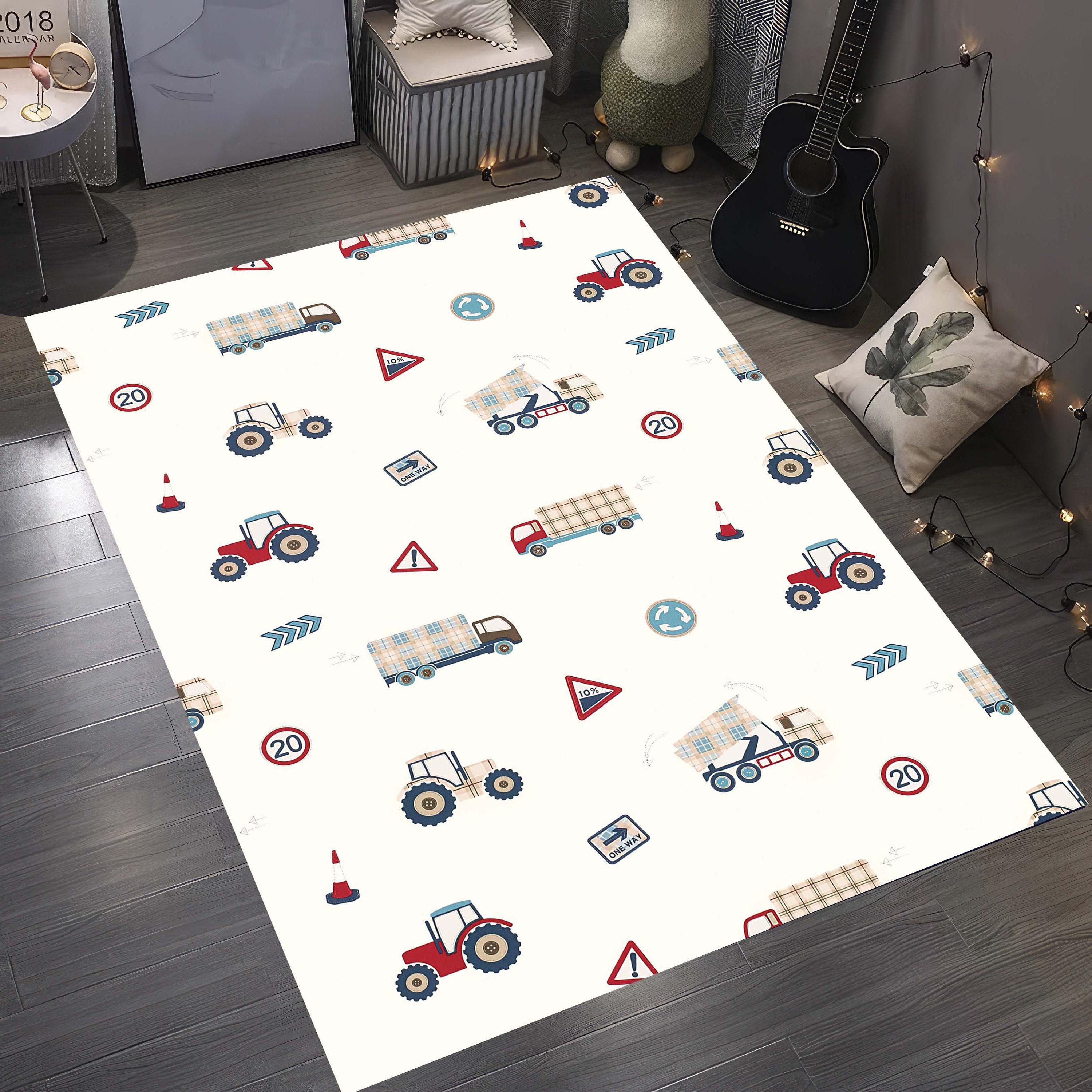 Truck Toddler Carpet Tractor Themed Kids Rug, Traffic Playroom Rug ...