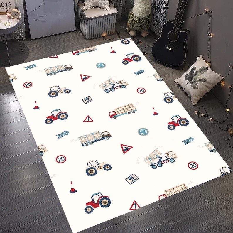 Truck Toddler Carpet Tractor Themed Kids Rug, Traffic Playroom Rug ...