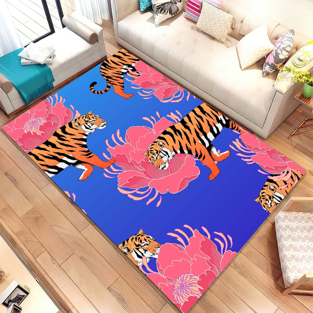 Floral Tiger Rug Jungle Theme Carpet Flower Pattern Decor, Tiger Print ...