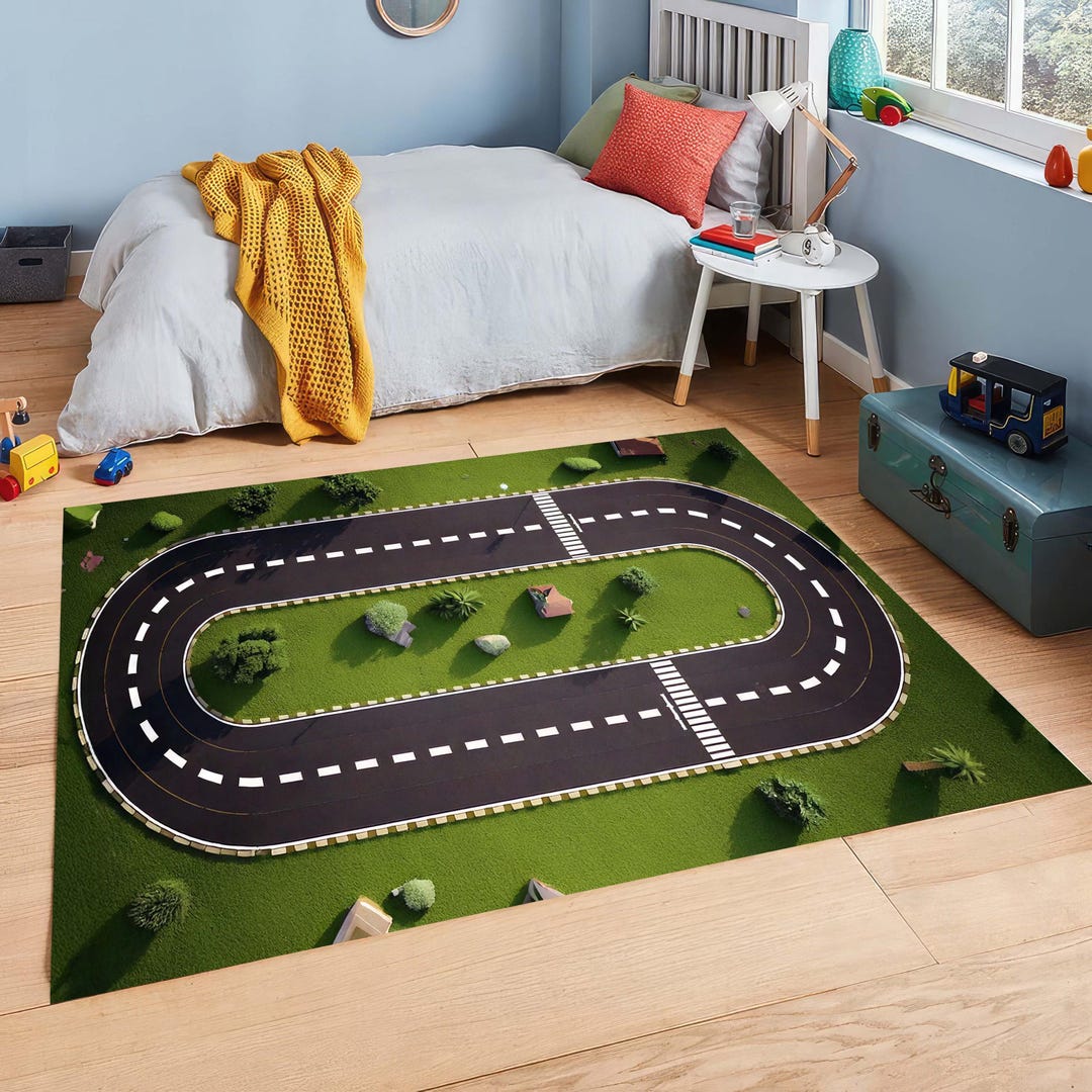 Kids Car Racing Road Rug, Start-finish Line Play Mat, Race Track Rug ...