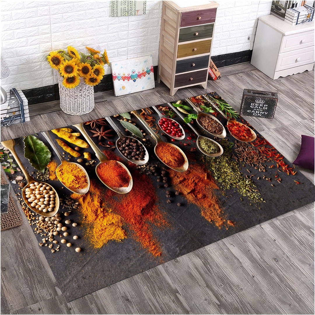 Vibrant Printed Kitchen Rug, Spices in Spoon Themed Rug, Machine ...