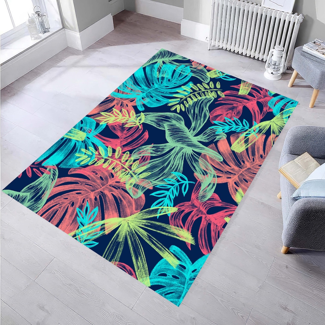 Neon Rug Leaf Pattern Carpet, Neon Leaf Rug, Monstera Plants Leaf Rug ...