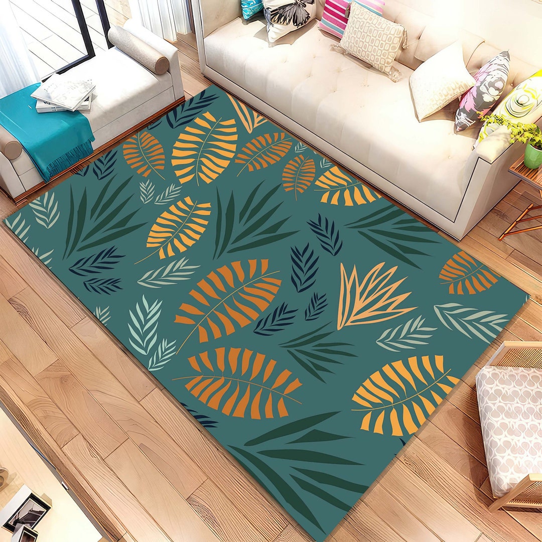 Modern Minimal Leaf Print Rug, Green Leaf Rug, Custom Design Green ...