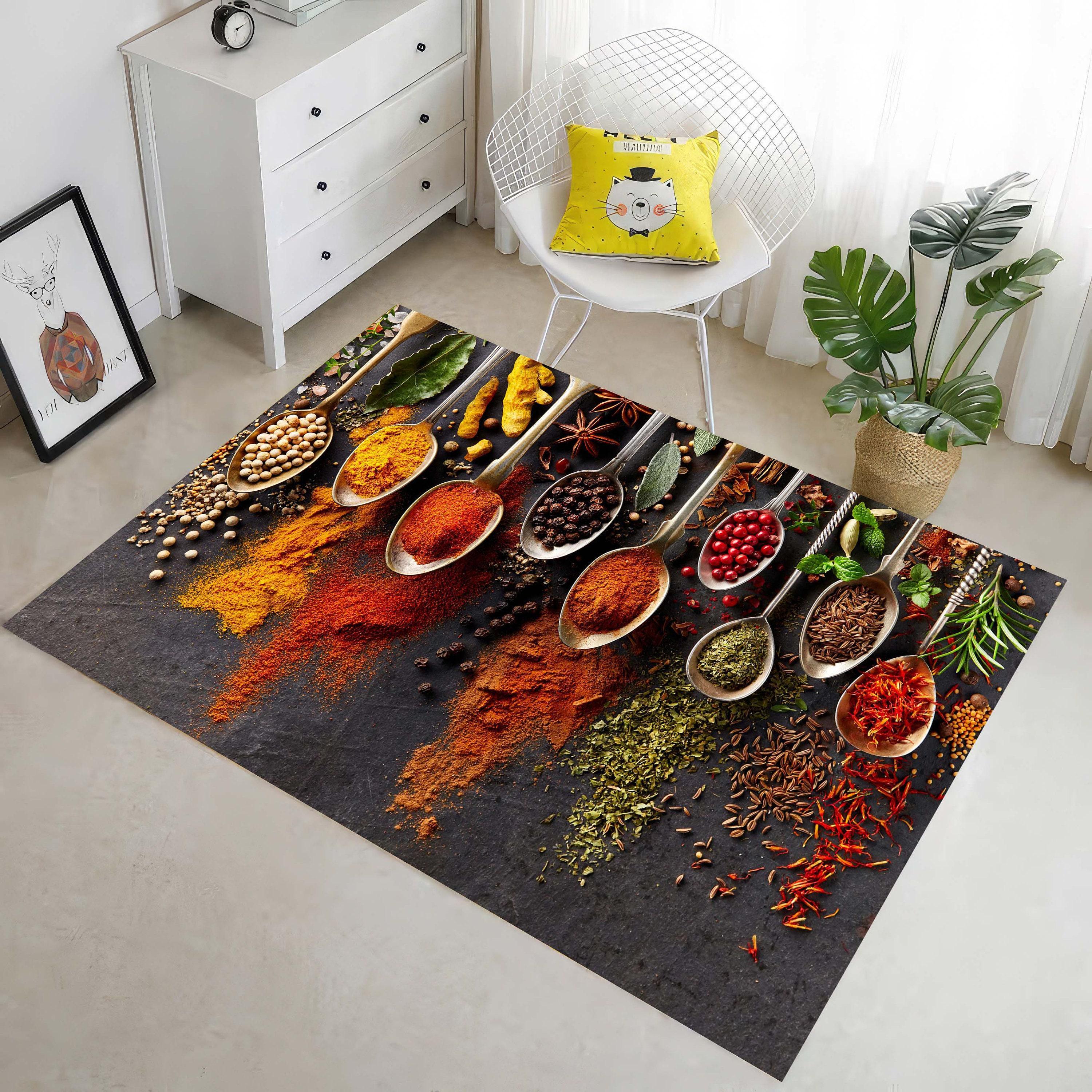 Vibrant Printed Kitchen Rug, Spices in Spoon Themed Rug, Machine ...