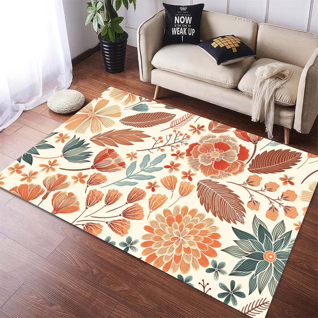 Leaf Print Rug Floral Area Living Room Carpet, Farmhouse Decor, Boho ...