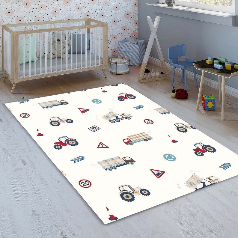 Truck Toddler Carpet Tractor Themed Kids Rug, Traffic Playroom Rug ...