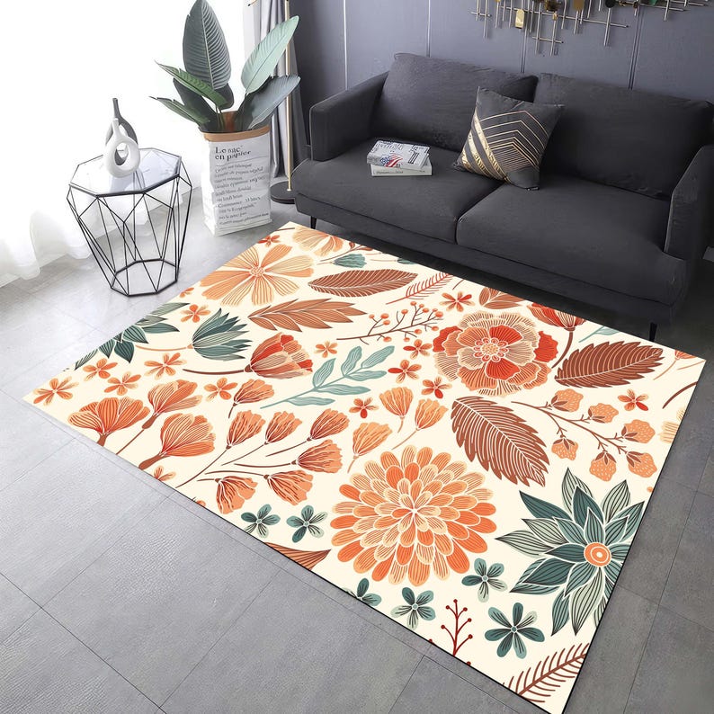 Leaf Print Rug Floral Area Living Room Carpet, Farmhouse Decor, Boho ...