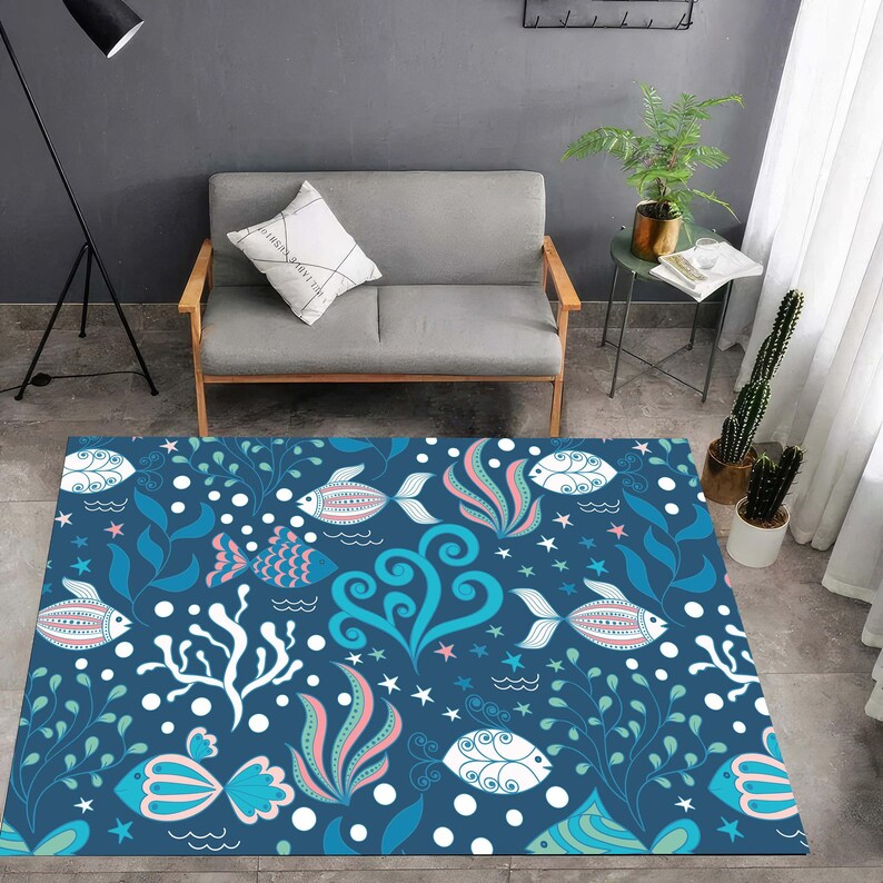 Ocean Theme Rug Underwater Carpet Fish Decor, Sea Life Rug, Marine ...