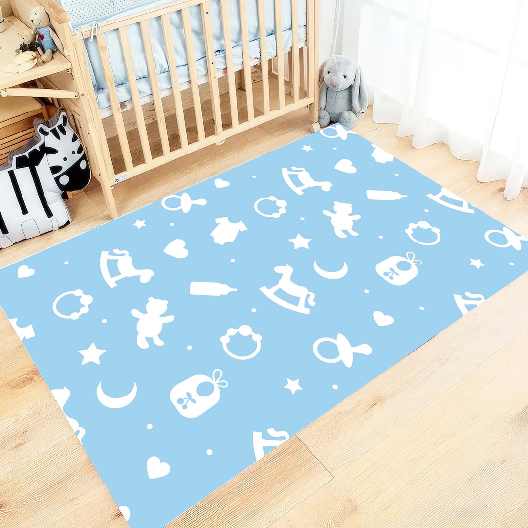 Teddy Bear and Baby Themed Rug, Blue Color Cute Bear Boy Room Carpet ...