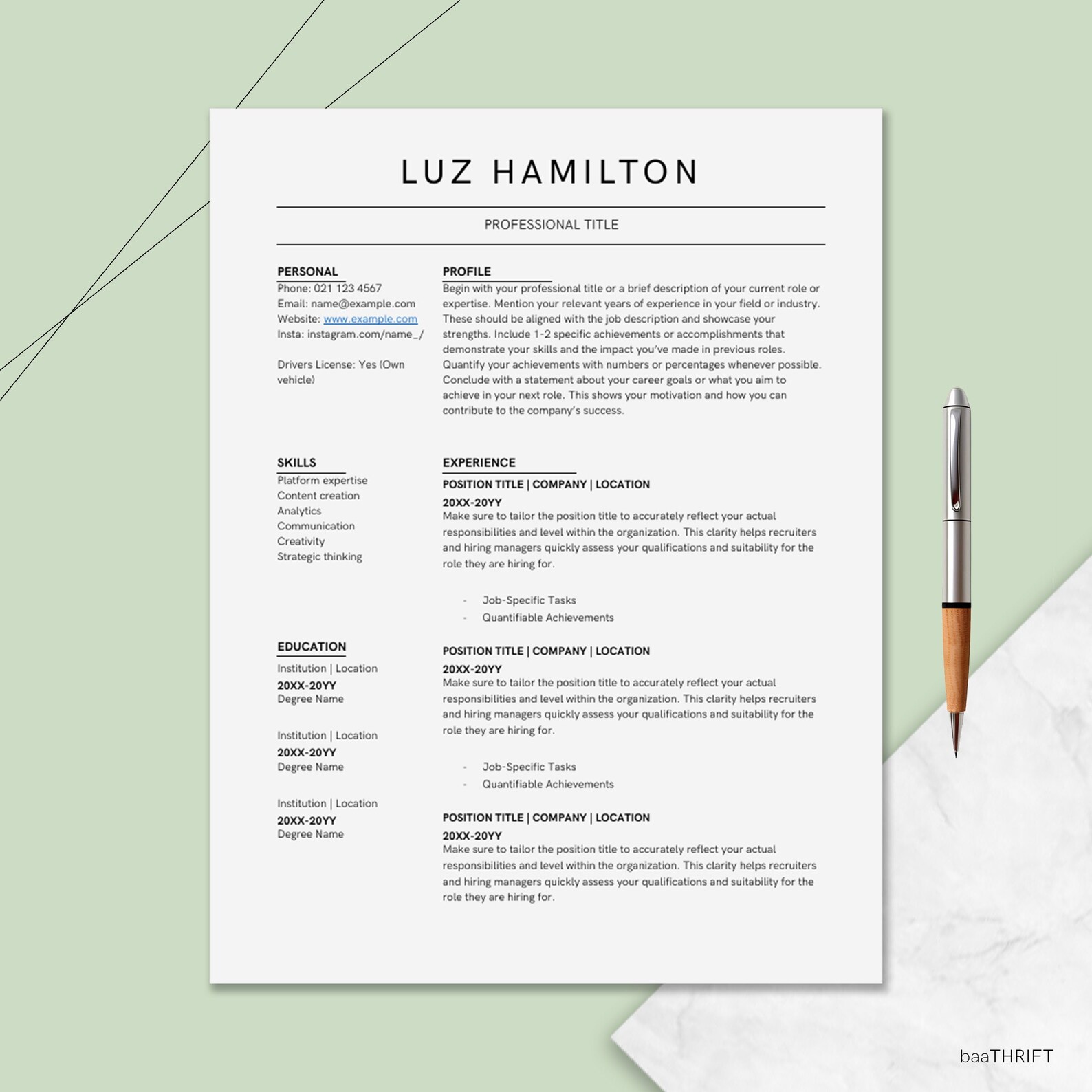 Professional Resume Template for MS Word Modern Resume/cv Template ...