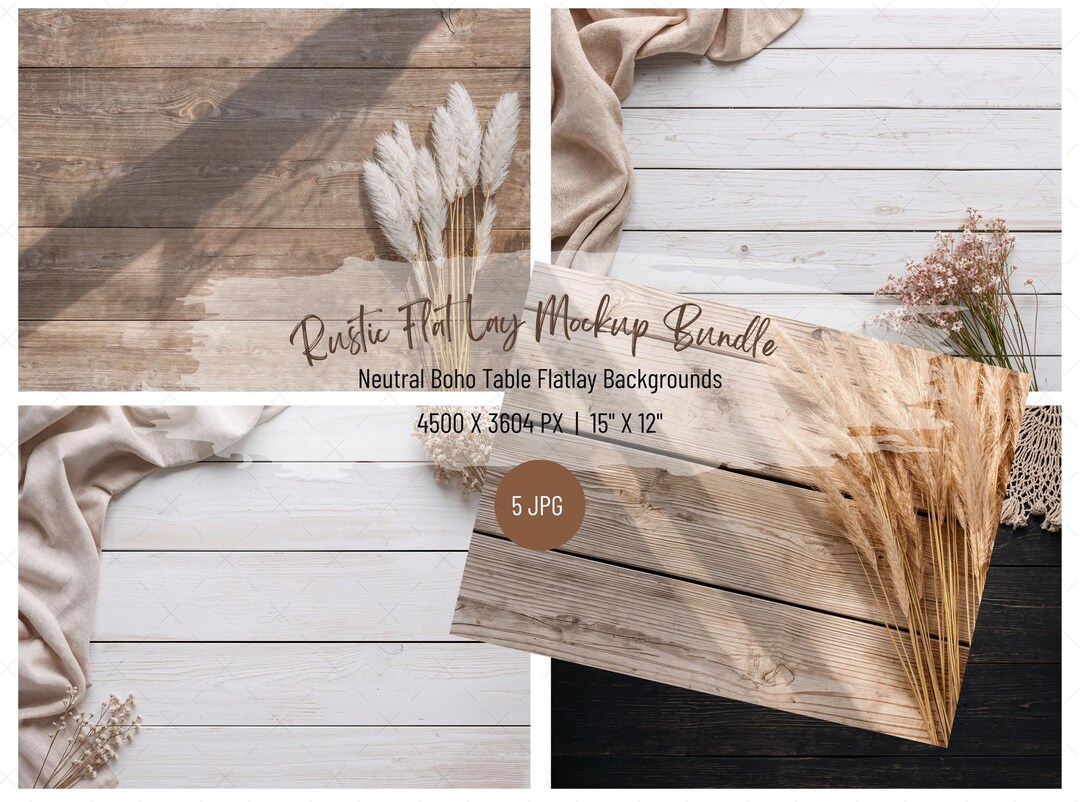 Rustic Boho Flat Lay Mockup Bundle (5 Mockups) | Neutral Boho Table ...