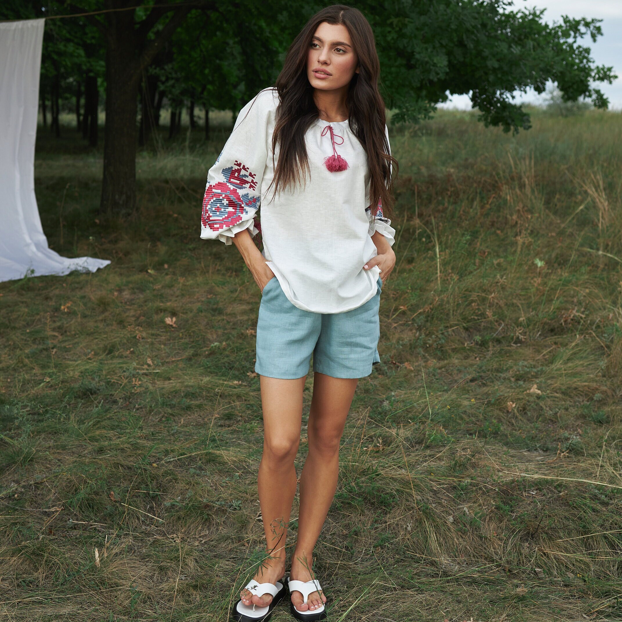 Linen Cyan Shorts for Women JUNE, High Waist, Side Pockets, Linen Women ...