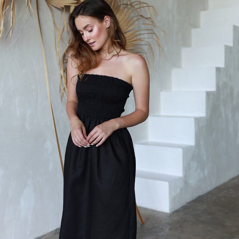 Black Linen Tube Midi Dress IRYNA, Linen Cocktail, Strapless Party ...
