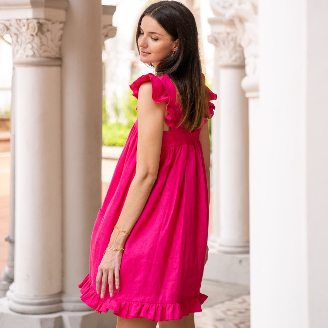 Linen Fuchsia Mini Sundress MIKA, Cute Linen Summer Short Dress, Summer ...