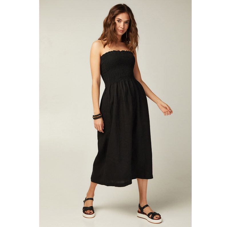 Black Linen Tube Midi Dress IRYNA, Linen Cocktail, Strapless Party ...