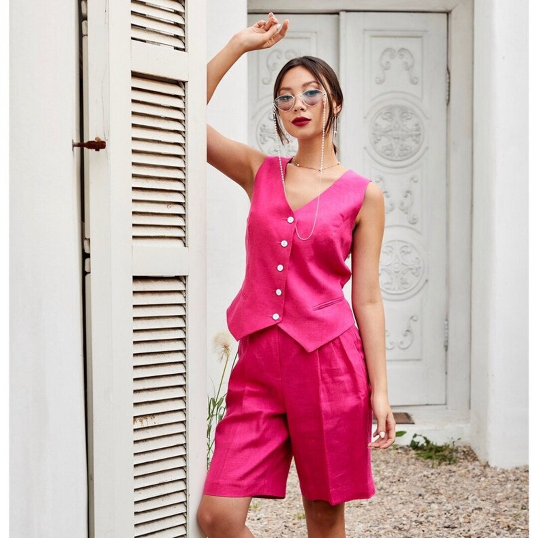 Fuchsia Linen Women Bermuda Shorts CITY, Linen Fuchsia High Rise Wide ...