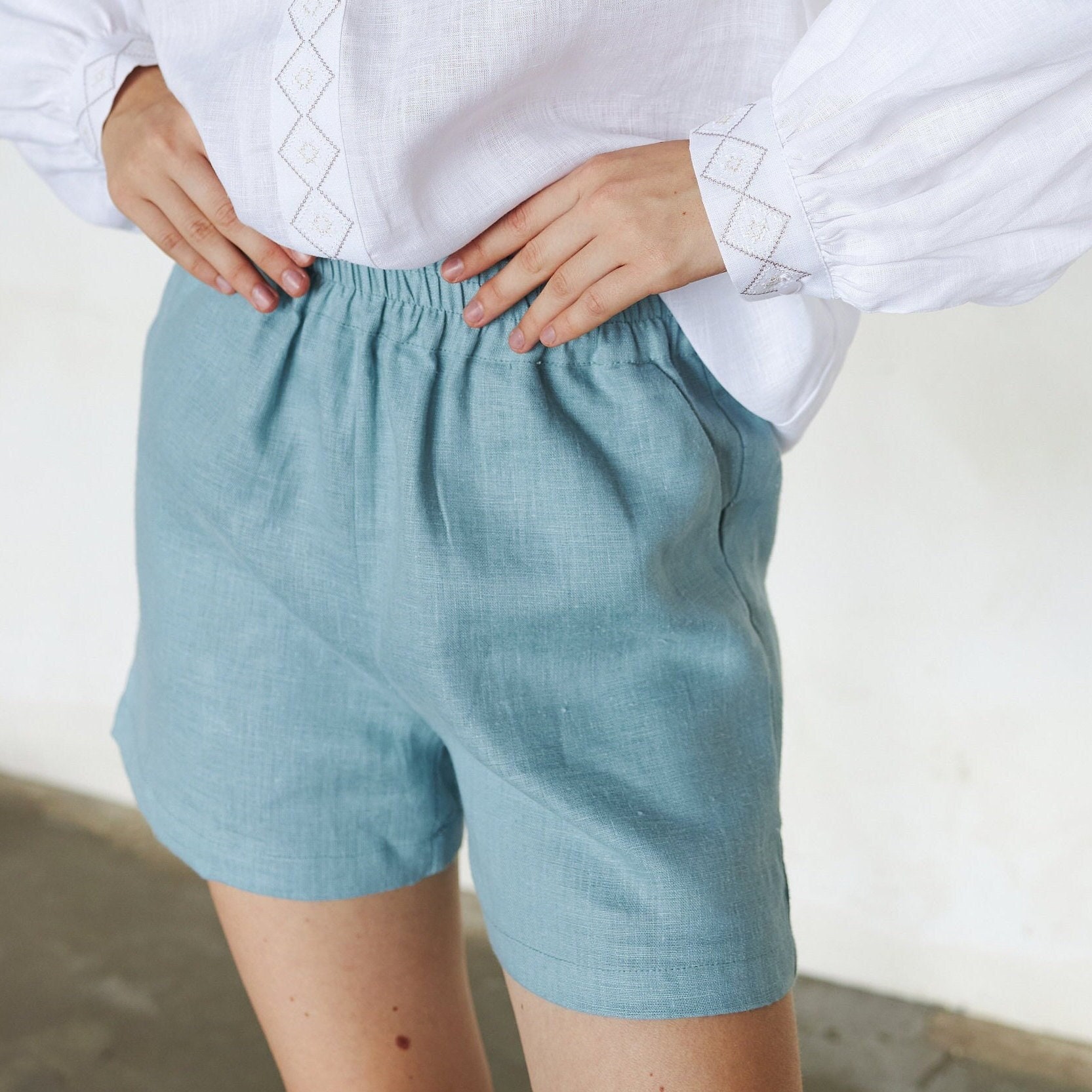 Linen Cyan Shorts for Women JUNE, High Waist, Side Pockets, Linen Women ...