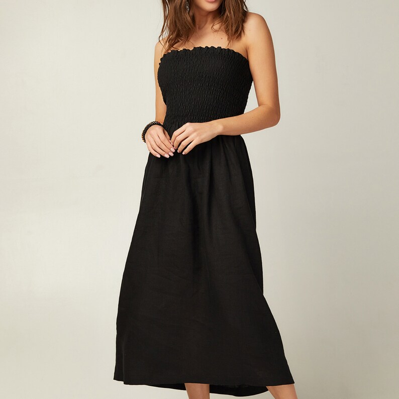Black Linen Tube Midi Dress IRYNA, Linen Cocktail, Strapless Party ...