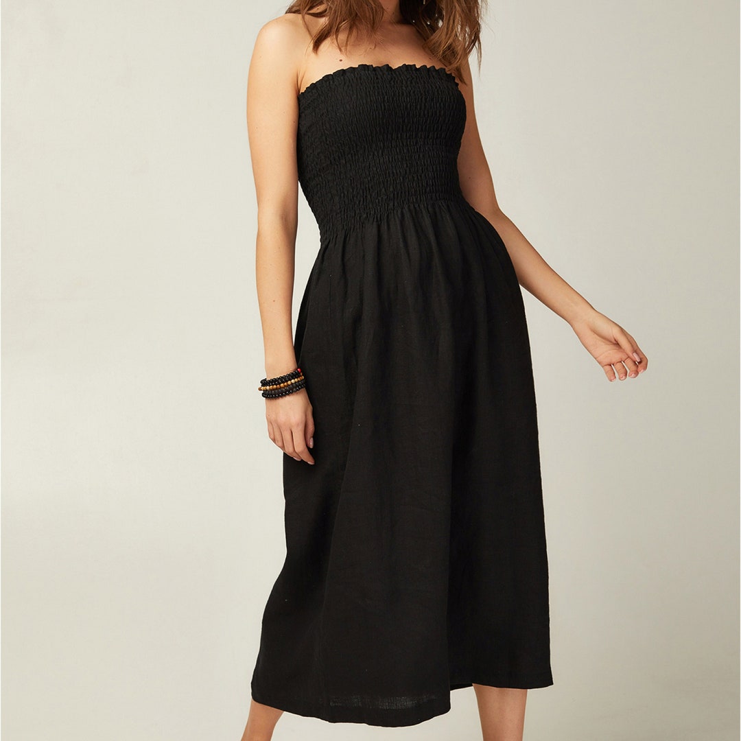 Black Linen Tube Midi Dress IRYNA, Linen Cocktail, Strapless Party ...