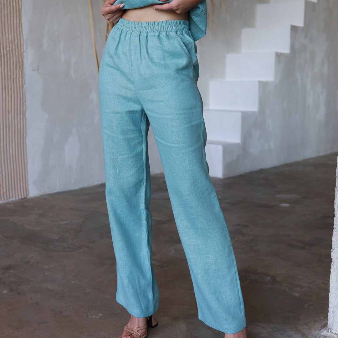 Linen Cyan Straight Leg Pull on Women Pants JULY, Elegant Long Mid ...