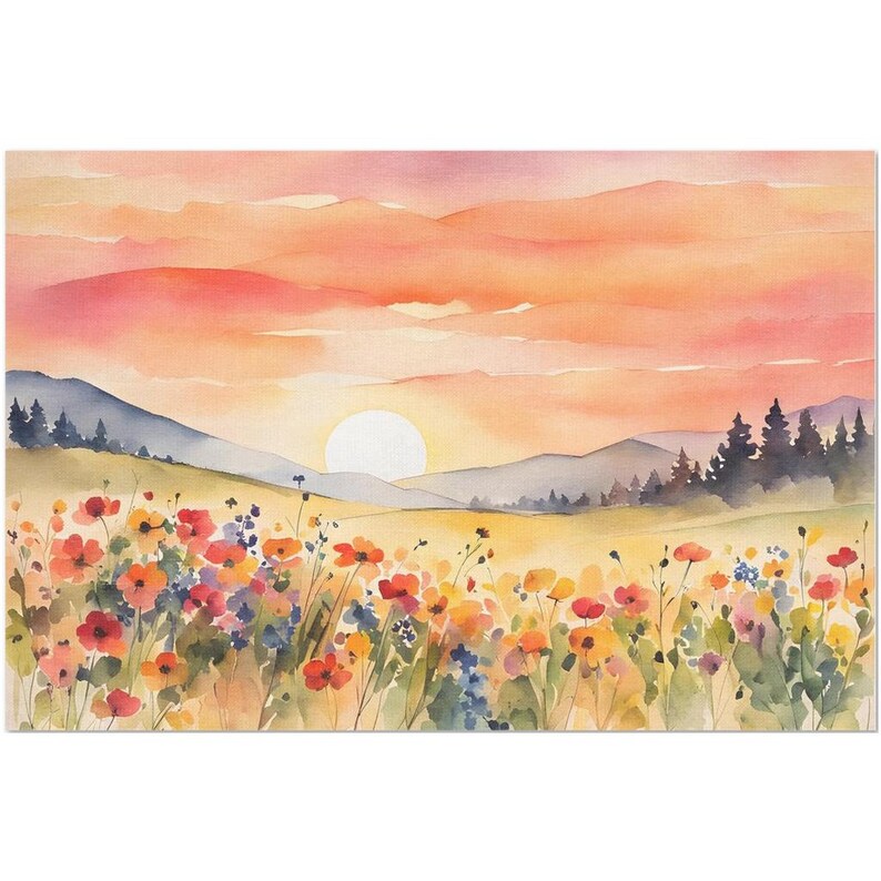 Sunset Fabric, Cotton Watercolor Mountain Sun Fabric, Orange ...