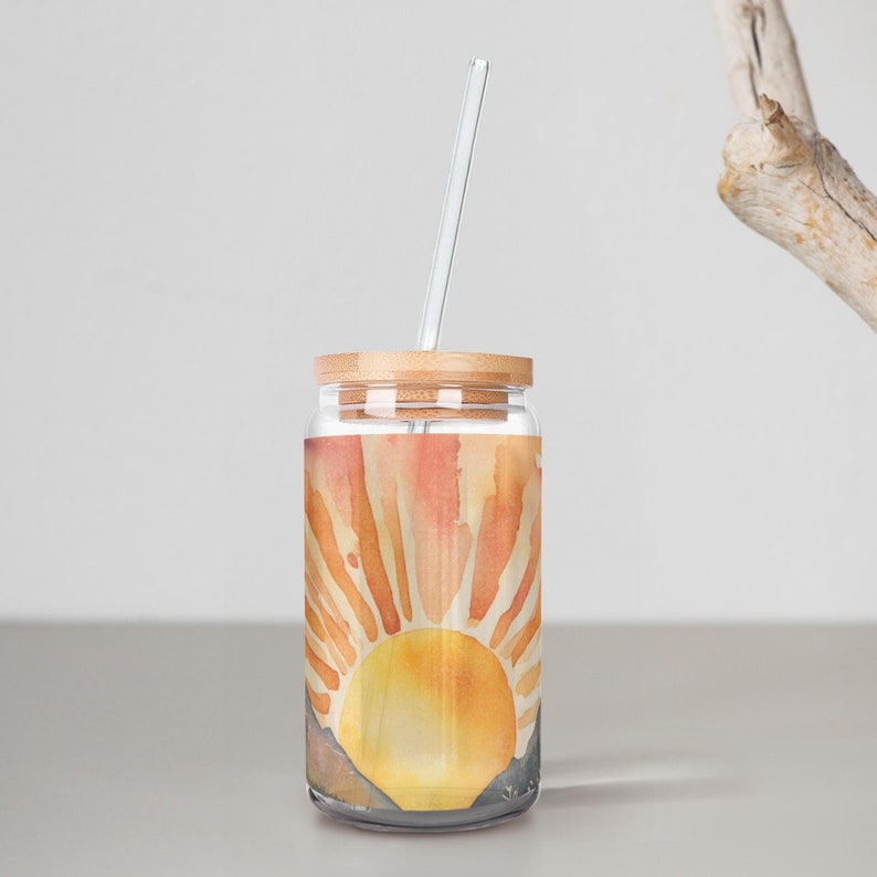 Soda Can Sunshine Glass, Glass Cup With Bamboo Lid and Straw, Tumbler ...