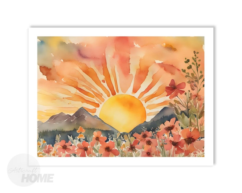 Sunshine Kiss Cut Sticker, Mountain Sunset, Watercolor Sunset ...