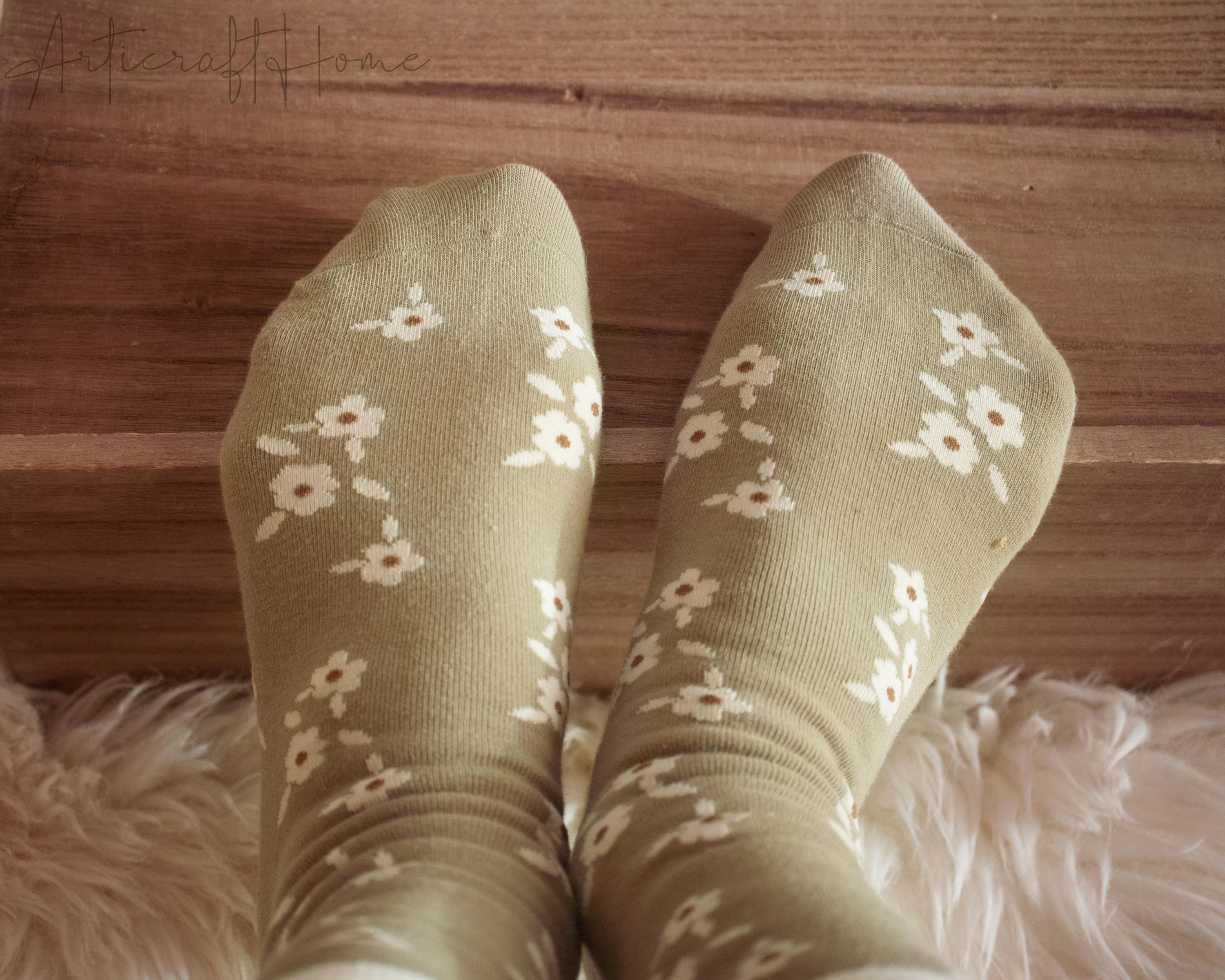 Sage Green Floral Socks, Brown Mushroom Women Socks, Wildflowers ...