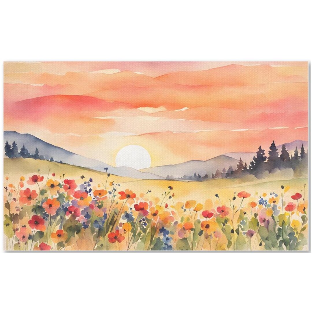 Sunset Fabric, Cotton Watercolor Mountain Sun Fabric, Orange ...