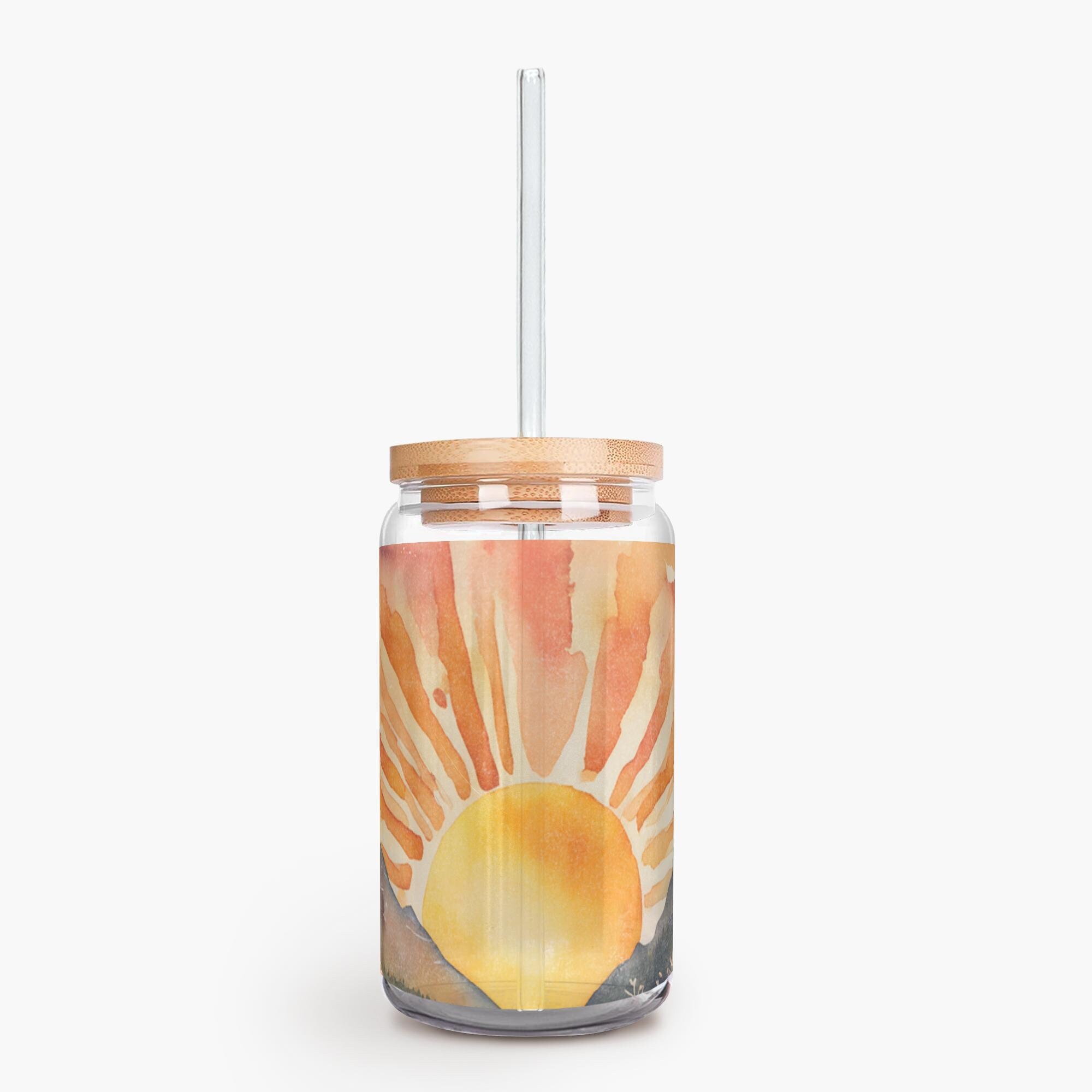 Soda Can Sunshine Glass, Glass Cup With Bamboo Lid and Straw, Tumbler ...