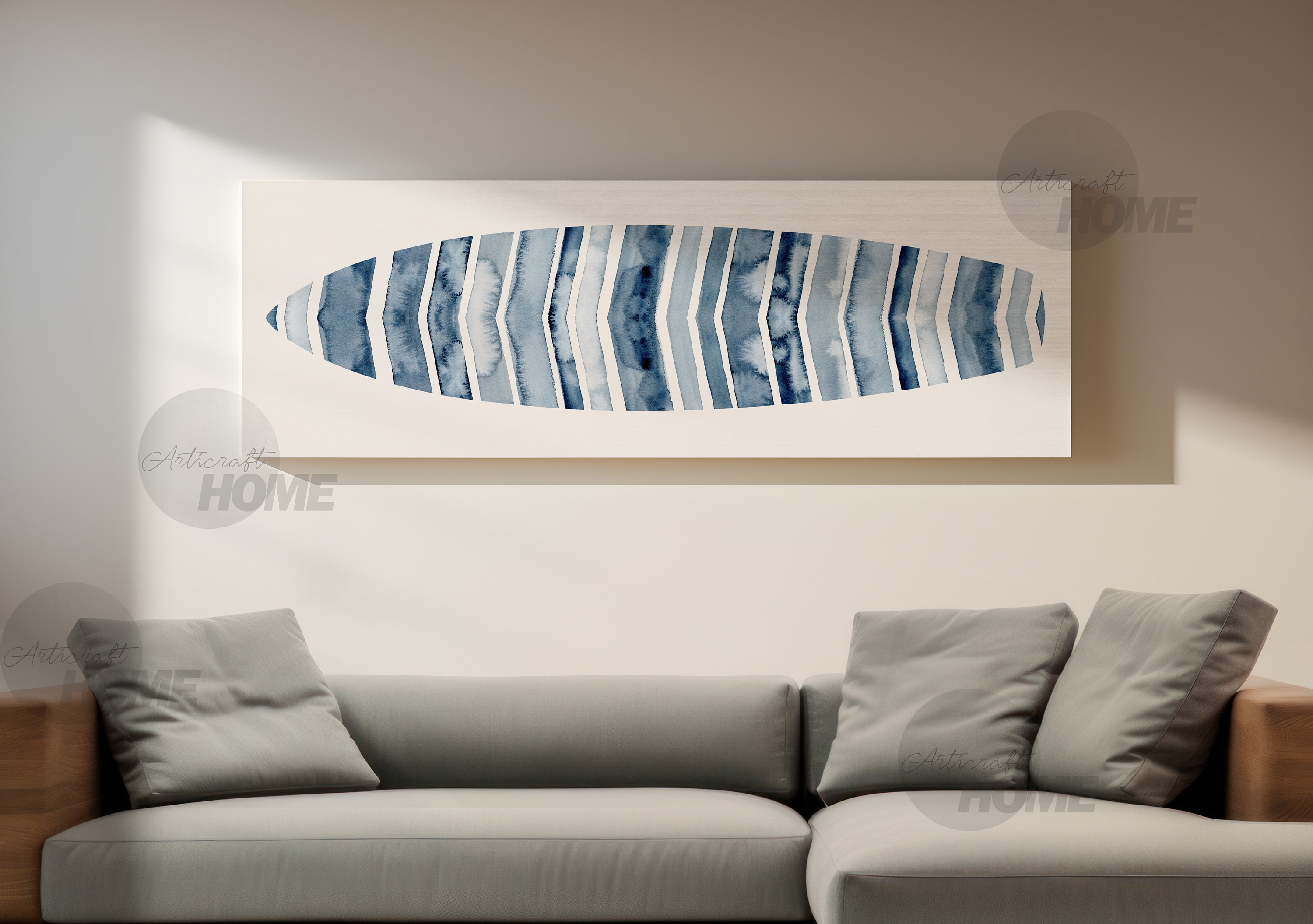 Surfboard Panoramic Canvas Wall Art, Beach Decor, Minimalist Blue ...