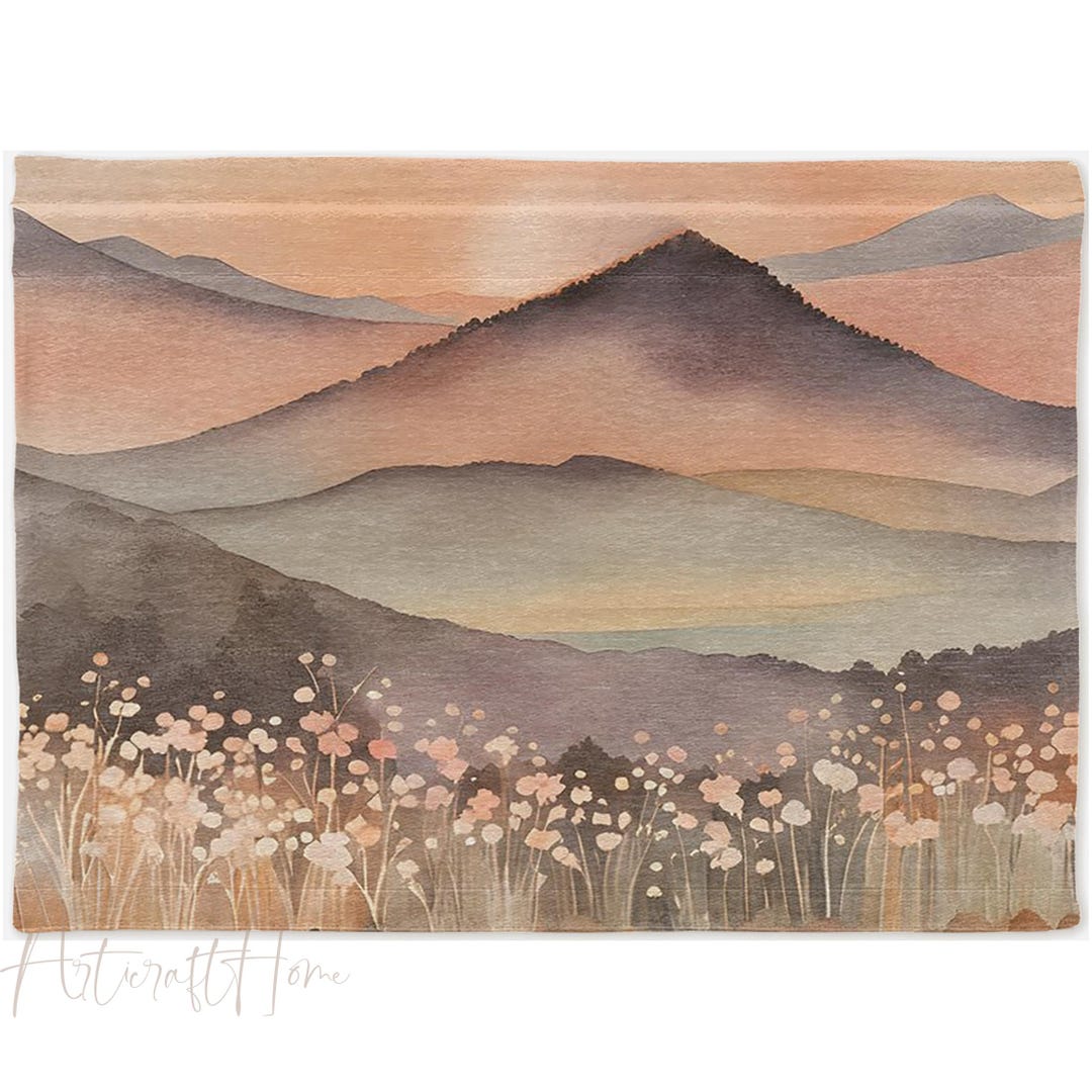 Wildflowers Field Woven Tapestry, Mountain Sunset High Quality ...