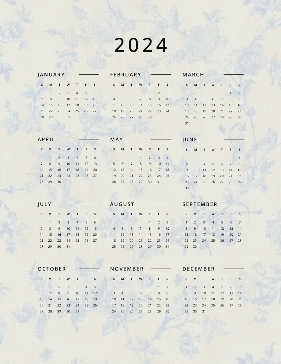 2024 Blue Floral Printable Calendar - Etsy