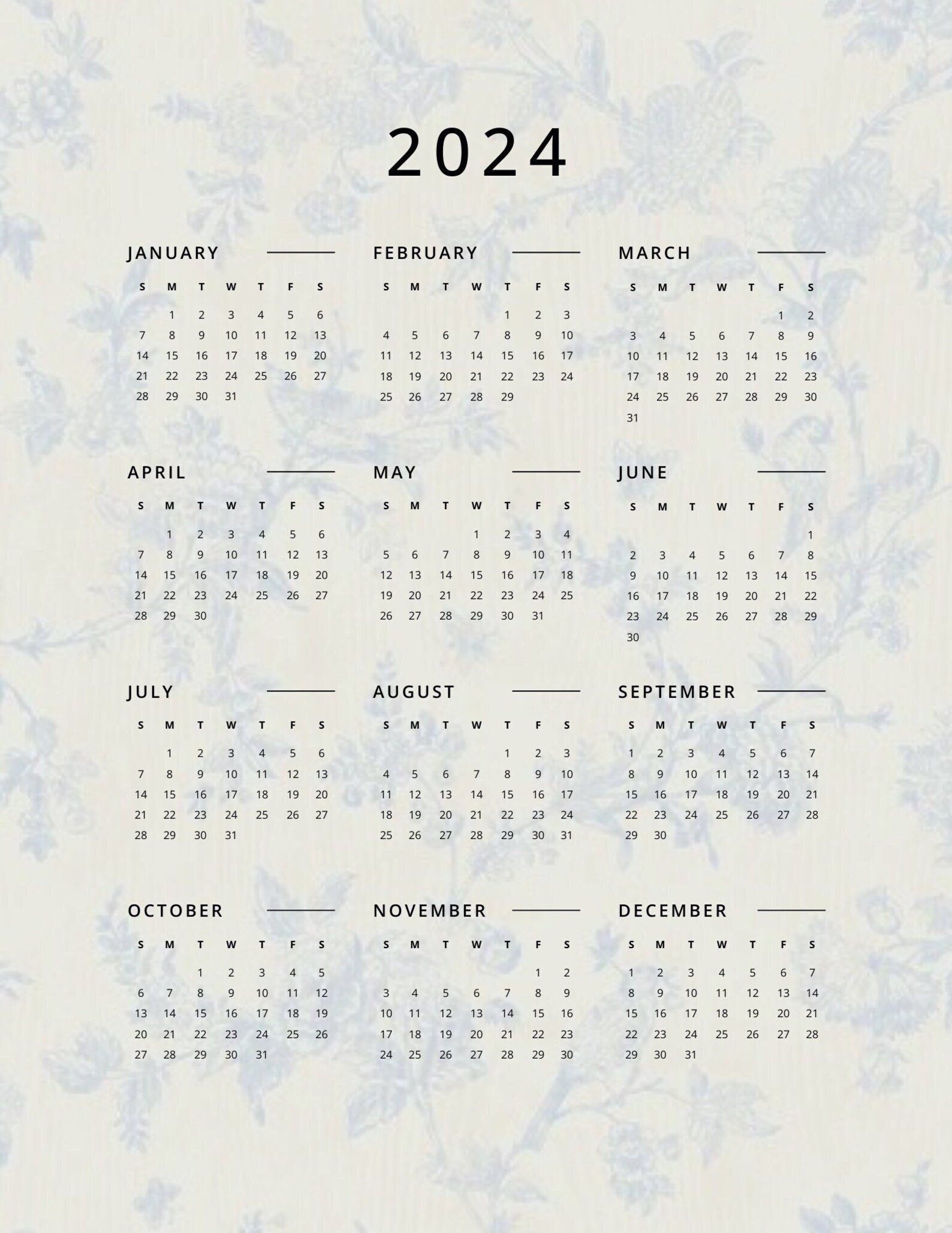 2024 Blue Floral Printable Calendar - Etsy