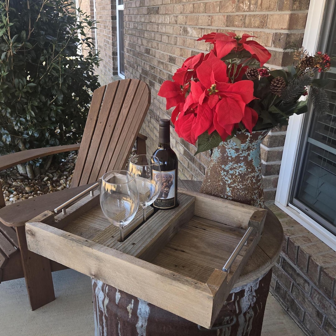 Handmade Rustic Reclaimed Wood Serving Tray Holds Two Wine Glasses and ...
