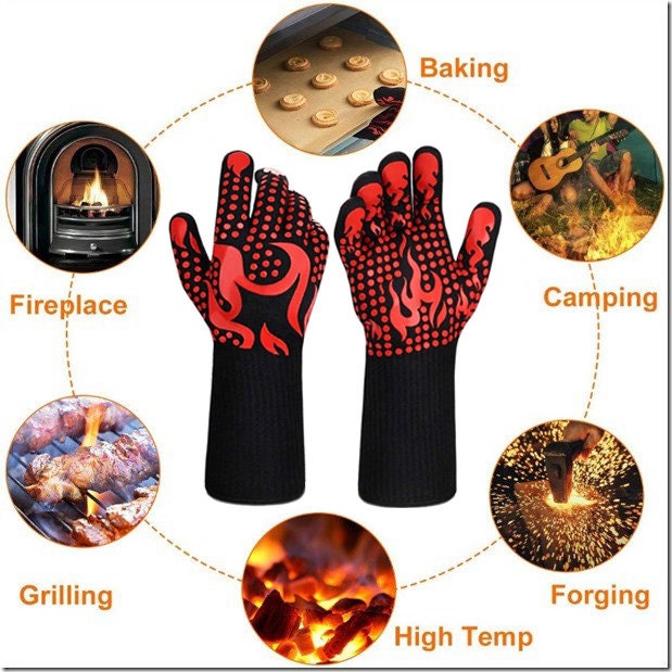 BBQ Gloves 1472 Degrees Extreme Heat Resistant Protective Cooking Gloves and Oven Mitts With ...