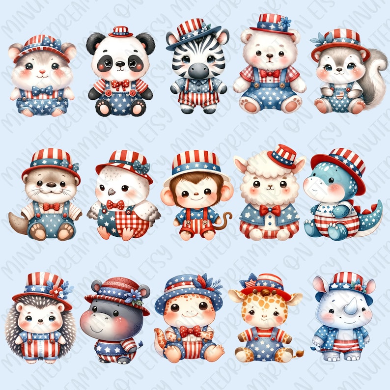Watercolor 4th of July Animals Clipart: Patriotic PNG (digital Download ...