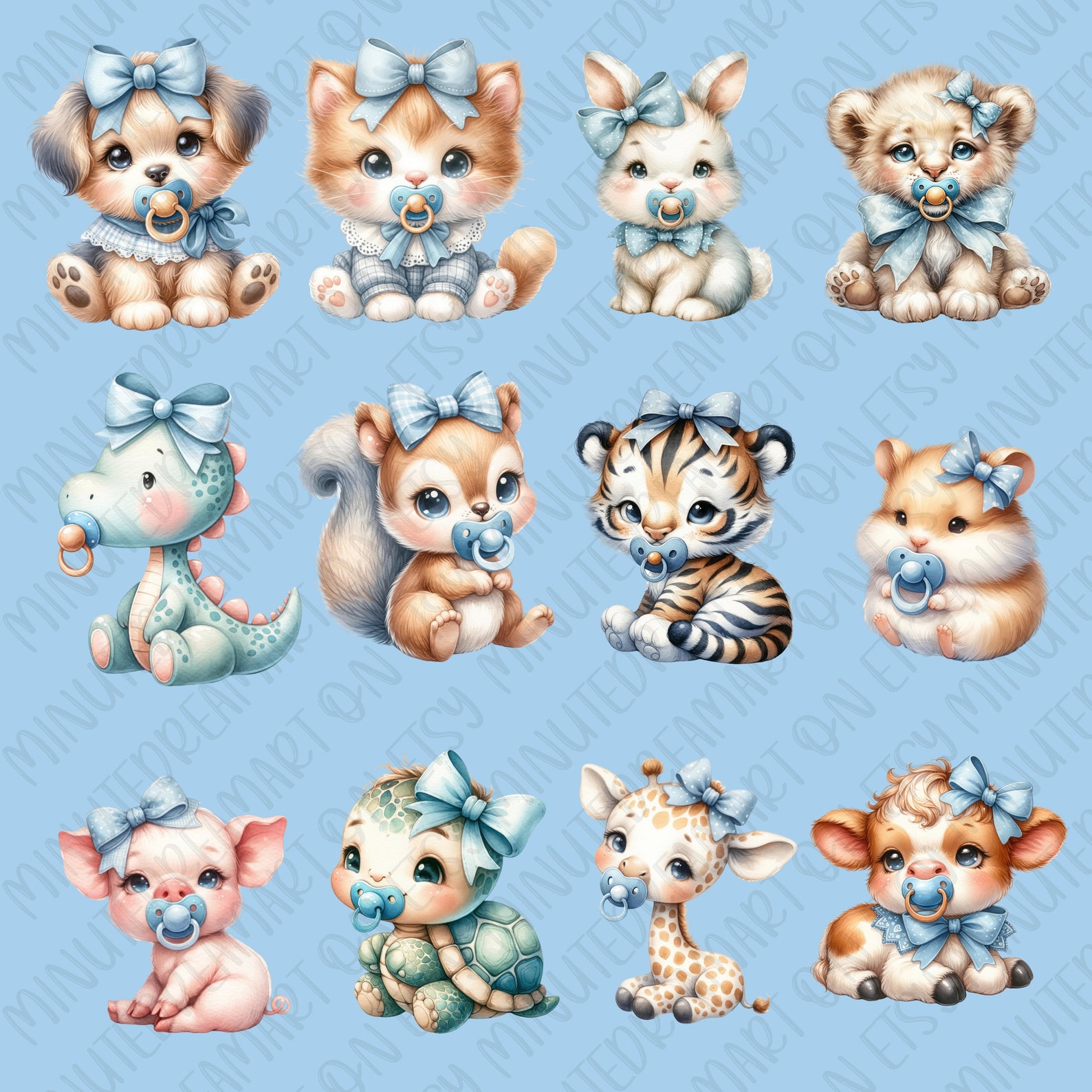 Cute Baby Animal Clipart, With Blue Bow, Gift for Boy's Baby Shower ...